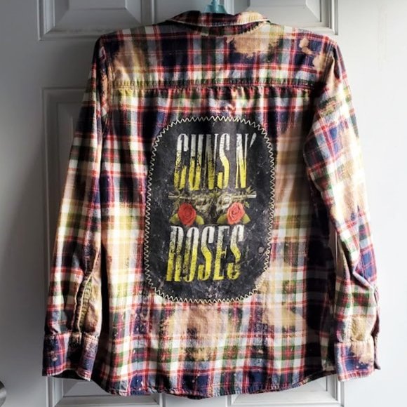 Eddie Bauer | Shirts | Upcycled Distressed Flannel Shirt Guns N Roses ...